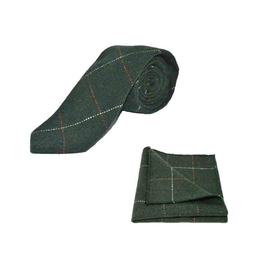 Luxury Herringbone Forest Green Tweed Tie & Pocket Square Set | King ...