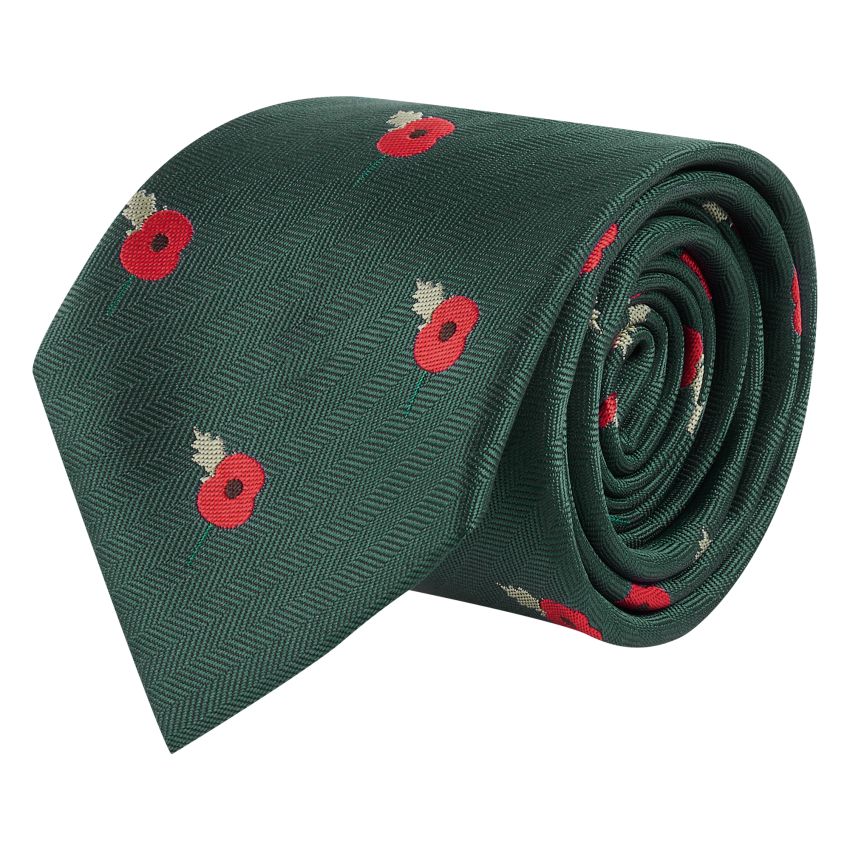 Dark Green Poppy Herringbone Tie, Necktie | King & Priory