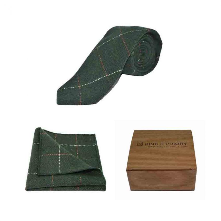 Luxury Herringbone Forest Green Tweed Tie & Pocket Square Set | Boxed ...