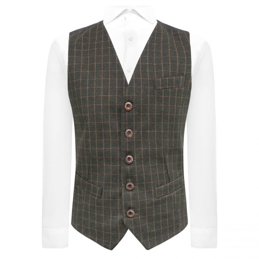 Olive Green Herringbone Tweed Check Waistcoat | King & Priory